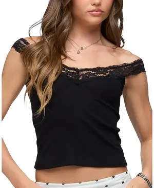 EDIKTED Freyah Lacey Off Shoulder Top - Black