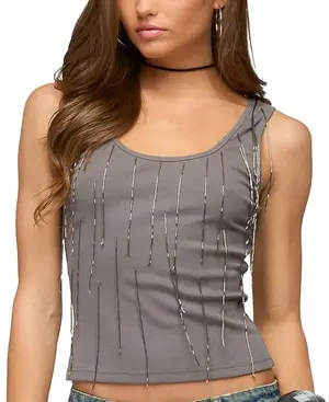 EDIKTED Beaded Fringe Ribbed Tank Top - Dark-gray