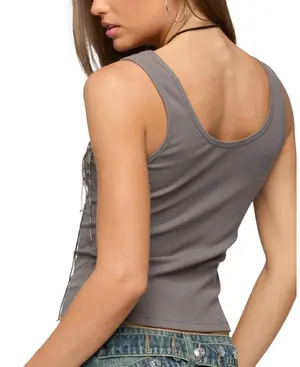 EDIKTED Beaded Fringe Ribbed Tank Top