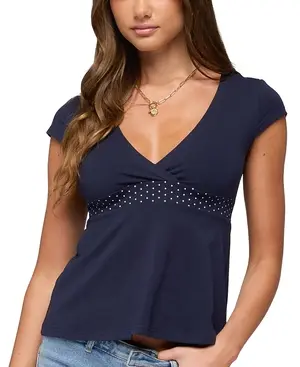 EDIKTED Indygo Polka Dot V Neck Top - Navy