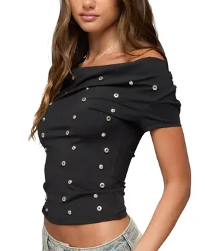 EDIKTED Bijou Metal Snap Cowl Neck Top