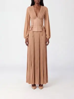 Elisabetta Franchi Elisabetta Franchi Long Sleeve V-Neck Corset Gown Beige