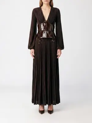 Elisabetta Franchi Long Sleeve V-neck Corset Gown - Brown