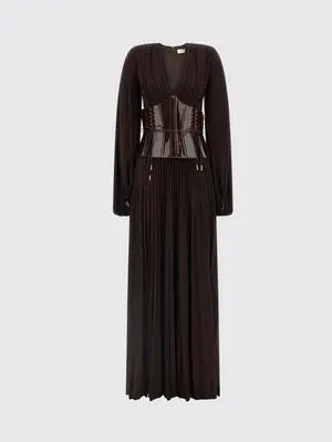 Elisabetta Franchi Long Sleeve V-neck Corset Gown - Brown