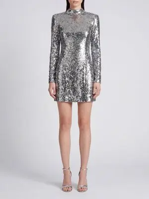 Balmain Embellished Sequined High Neck Mini Dress
