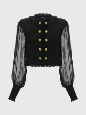 Balmain Cropped Tweed Spencer Jacket With Puff Sleeves And Frayed Details