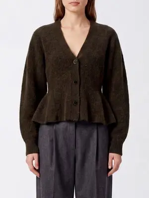 ROTATE BY BIRGER CHRISTENSEN V-neck Alpaca Wool Blend Cardigan With Ruffled Hem