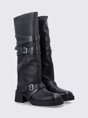 MIISTA Knee-high Strapped Cowhide Biker Boots