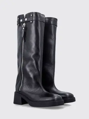 MIISTA Knee-high Leather Biker Boots With Side Zip