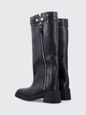 MIISTA Knee-high Leather Biker Boots With Side Zip