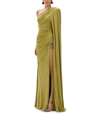 Rachel Gilbert Asymmetric Cape Sleeve Gown