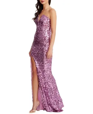 Dress The Population Strapless Sequin Plunge Gown With High Slit - Lilac