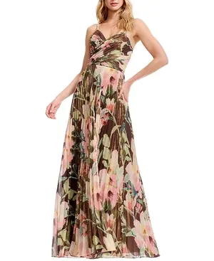 Dress The Population Floral Pleated V-neck Gown - Mocha Multi