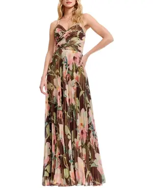 Dress The Population Floral Pleated V-neck Gown
