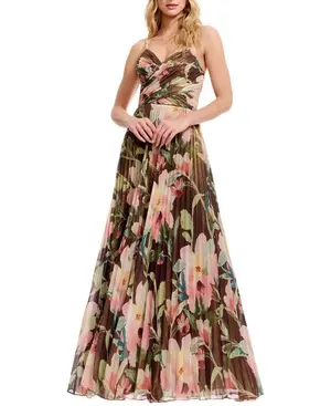 Dress The Population Floral Pleated V-neck Gown