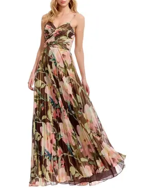 Dress The Population Floral Pleated V-neck Gown
