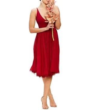 Dress The Population Alicia V-neck Lace Trim Midi Dress Garnet