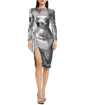 Dress The Population Natalie Long Sleeve Sequin High Slit Midi Dress Silver