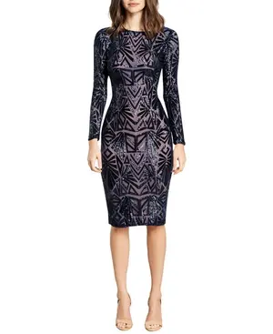 Dress The Population Emery Long Sleeve Chevron Sequin Midi Dress - Navy