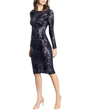 Dress The Population Emery Long Sleeve Chevron Sequin Midi Dress - Navy