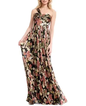 Dress The Population Idalia Abstract Floral Print One-shoulder Gown - Black Multi