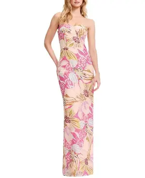 Dress The Population Vada Strapless Sweetheart Floral Sequin Bodycon Gown - Bright Fuchsia Multi