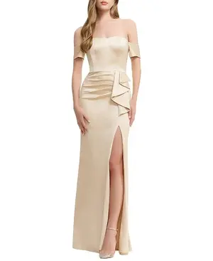 Dress The Population Gabrielle Off-the-shoulder Satin Ruffle Gown - Champagne