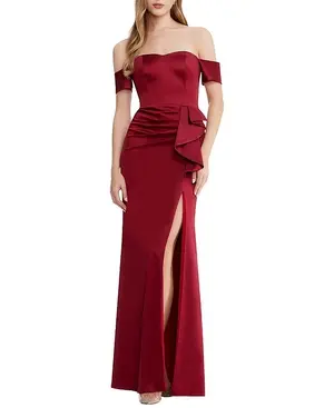 Dress The Population Gabrielle Off-the-shoulder Satin Ruffle Gown - Garnet
