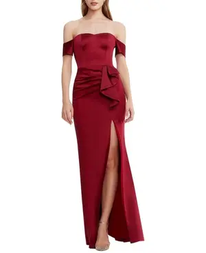 Dress The Population Gabrielle Off-the-shoulder Satin Ruffle Gown - Garnet