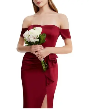 Dress The Population Gabrielle Off-the-shoulder Satin Ruffle Gown - Garnet