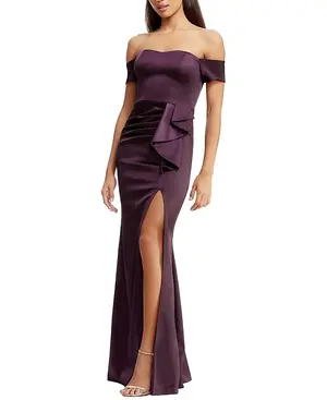 Dress The Population Gabrielle Off-the-shoulder Satin Ruffle Gown - Midnight Plum