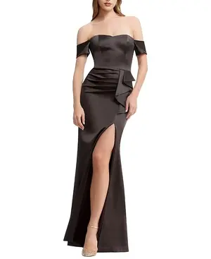Dress The Population Gabrielle Off-the-shoulder Satin Ruffle Gown Mocha