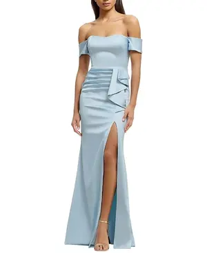 Dress The Population Gabrielle Off-the-shoulder Satin Ruffle Gown Sky