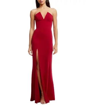 Dress The Population Fernanda Strapless Plunge V-neck High Slit Gown - Garnet