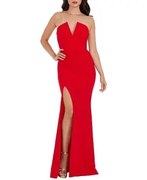 Dress The Population Fernanda Strapless Plunge V-neck High Slit Gown - Rouge