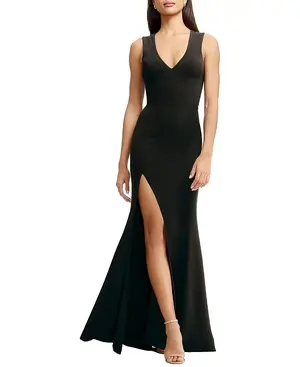Dress The Population Sandra V-neck High Slit Fitted Gown Black
