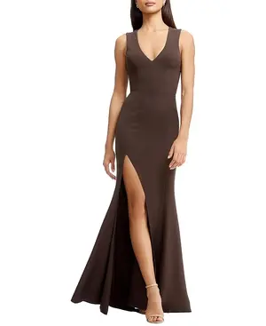 Dress The Population Sandra V-neck High Slit Fitted Gown Mocha