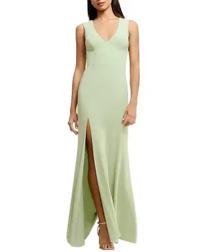 Dress The Population Sandra V-neck High Slit Fitted Gown Sage