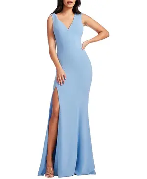 Dress The Population Sandra V-neck High Slit Fitted Gown Sky
