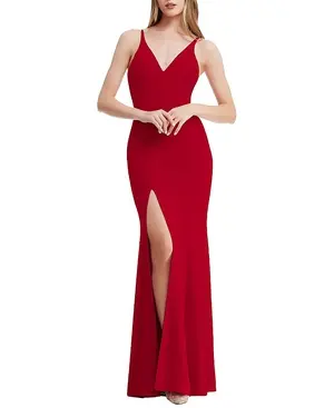 Dress The Population Iris V-neck High Slit Mermaid Gown Garnet