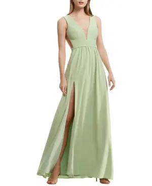 Dress The Population Katrina Plunge V-neck High Slit Gown - Sage