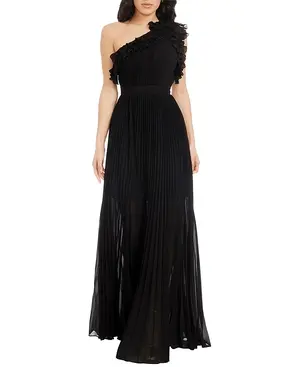 Dress The Population Vida One Shoulder Pleated Ruffle Gown Black