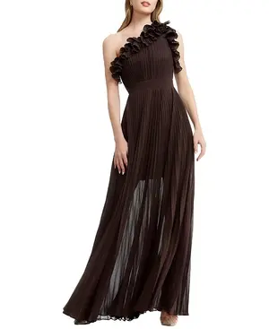 Dress The Population Vida One Shoulder Pleated Ruffle Gown - Mocha