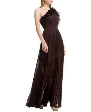 Dress The Population Vida One Shoulder Pleated Ruffle Gown - Mocha