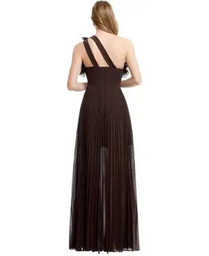 Dress The Population Vida One Shoulder Pleated Ruffle Gown - Mocha