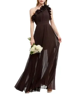Dress The Population Vida One Shoulder Pleated Ruffle Gown - Mocha