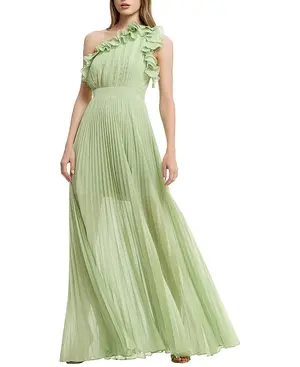 Dress The Population Vida One Shoulder Pleated Ruffle Gown Sage