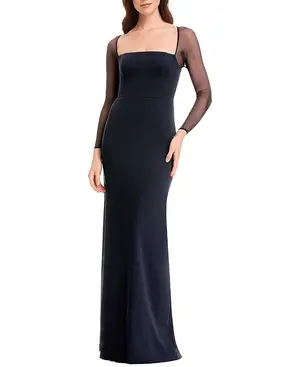 Dress The Population Maxwell Long-sleeve A-line Crepe Gown - Navy
