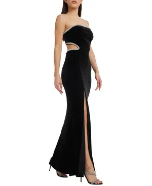 Dress The Population Ariana Strapless Crystal Trim Cut-out High Slit Gown