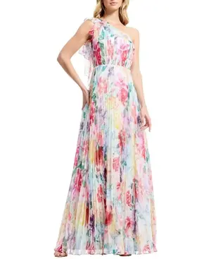 Dress The Population Leandra One-shoulder Printed Chiffon Gown